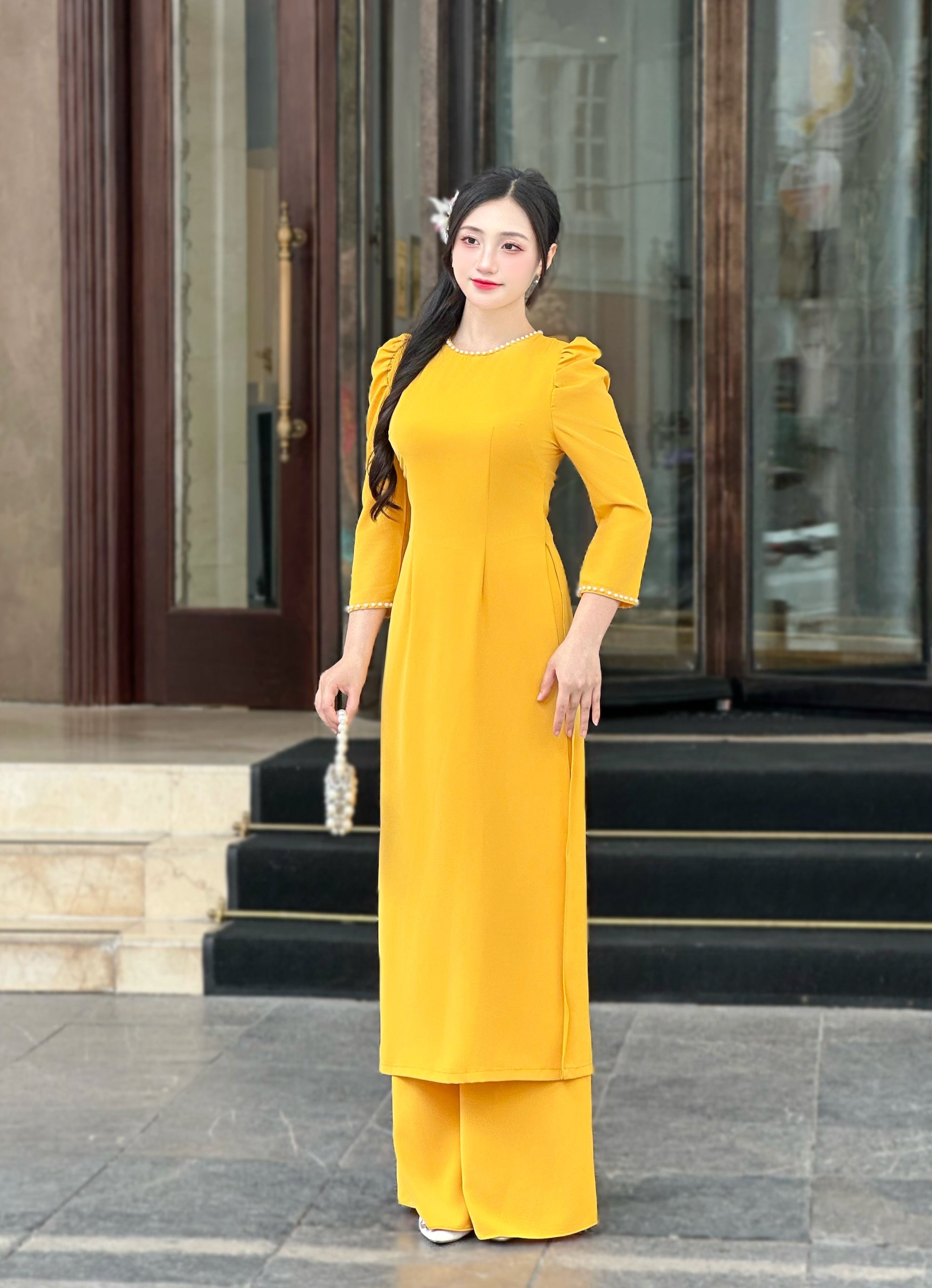 Gold Puffy Sleeves Ao Dai Set | Vietnamese Modernized Dress | Áo Dài C ...