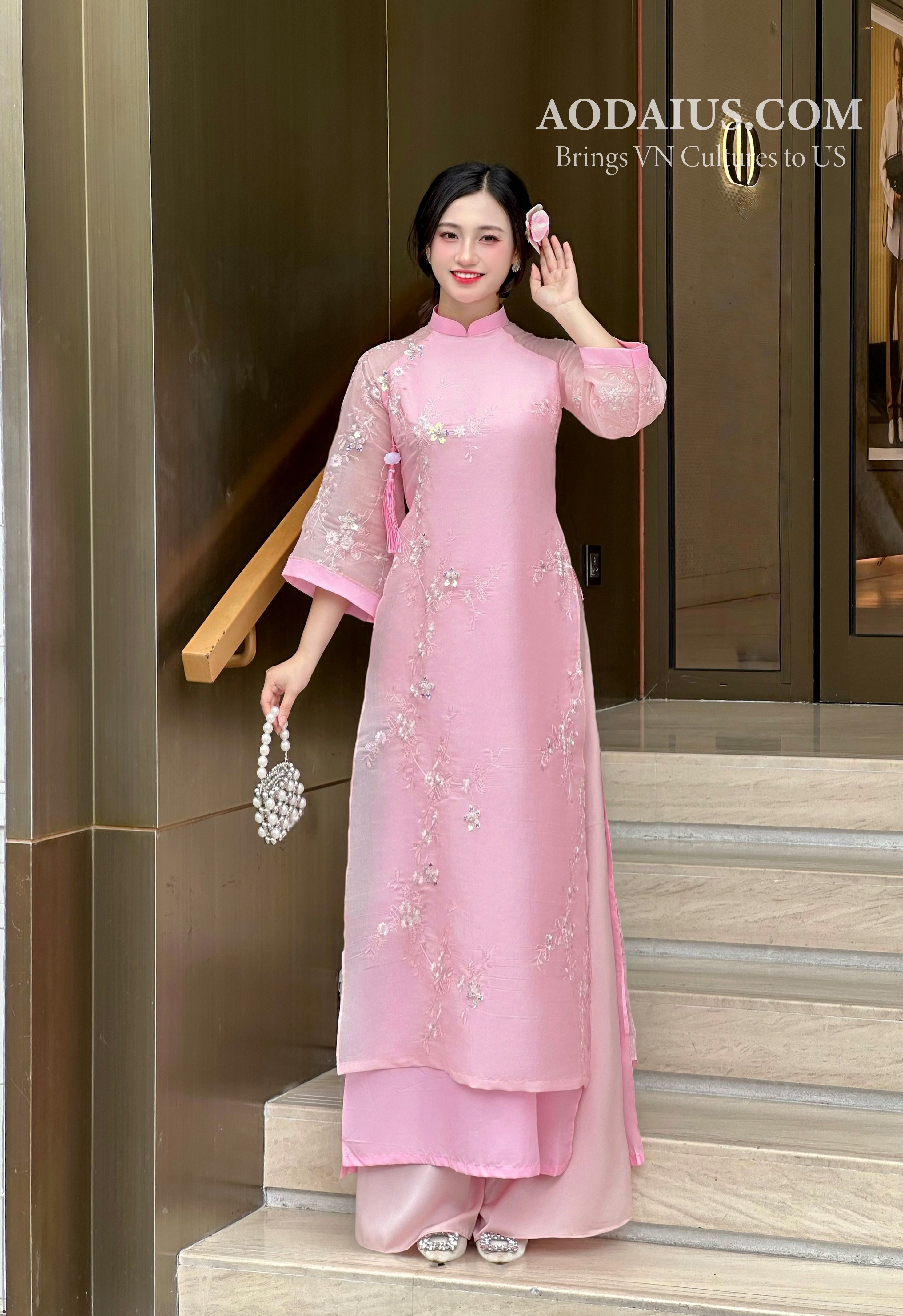 Pink Floral Whisper Vietnamese Modern Ao Dai Set N15 – Ao Dai US