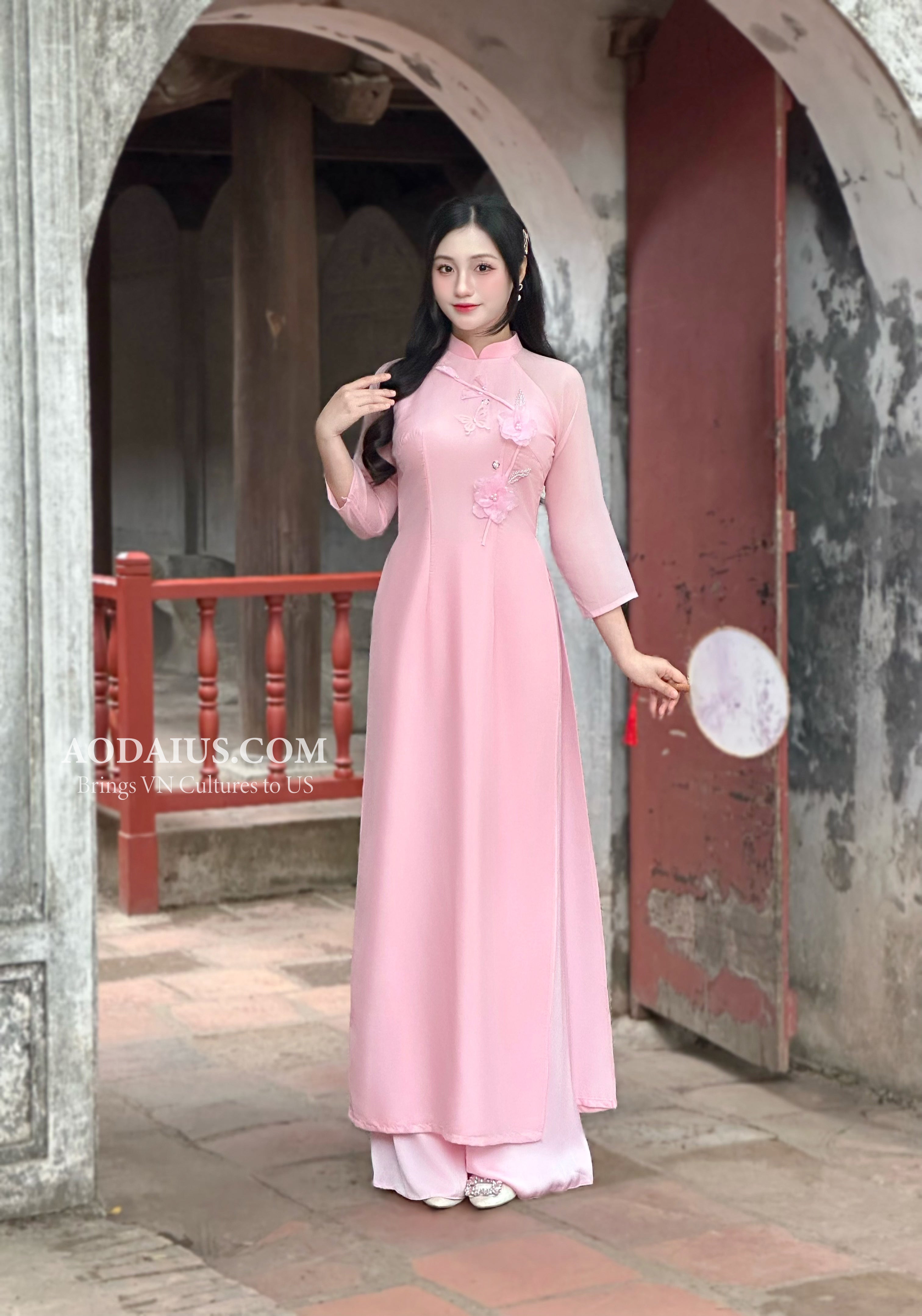 Pink 3D Floral Vietnamese Ao Dai Dress | Áo Dài Cách Tân E35 – Ao Dai US